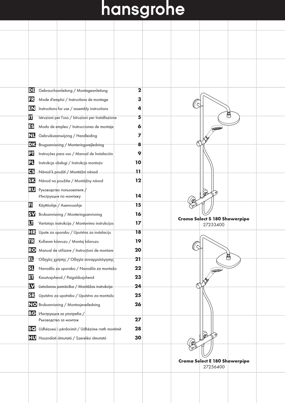 HANS GROHE CROMA SELECT S 180 SHOWERPIPE 27253400 INSTRUCTIONS FOR USE/ASSEMBLY INSTRUCTIONS Pdf ...