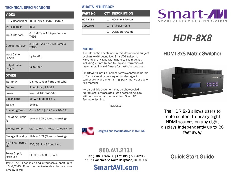 SMART-AVI HDR-8X8 QUICK START MANUAL Pdf Download | ManualsLib
