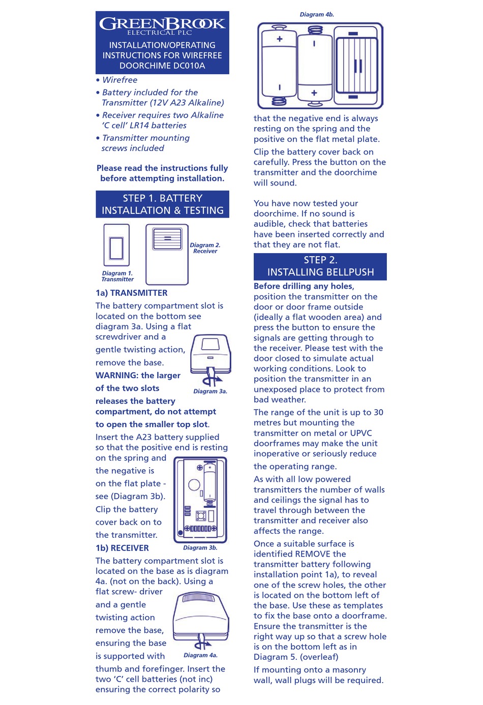 GREENBROOK DC010A INSTALLATION OPERATING INSTRUCTIONS Pdf Download