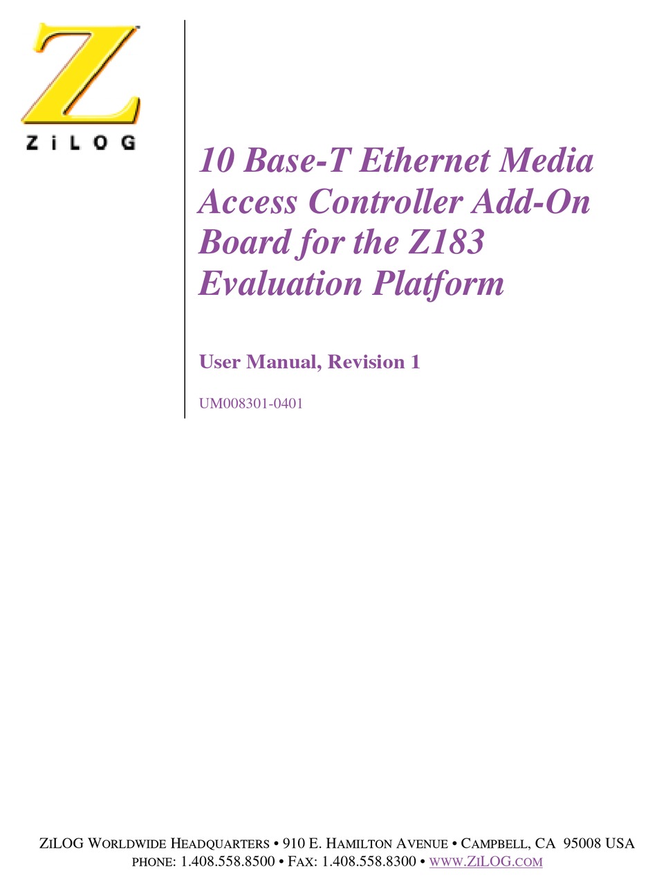 ZILOG Z183 EMAC USER MANUAL Pdf Download | ManualsLib