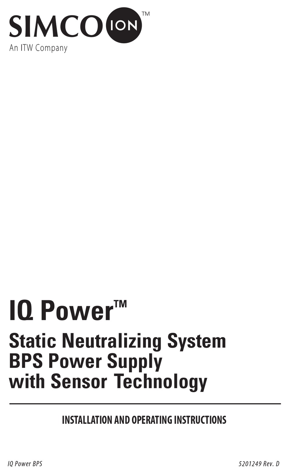 ITW SIMCO ION IQ POWER INSTALLATION AND OPERATING INSTRUCTIONS MANUAL ...