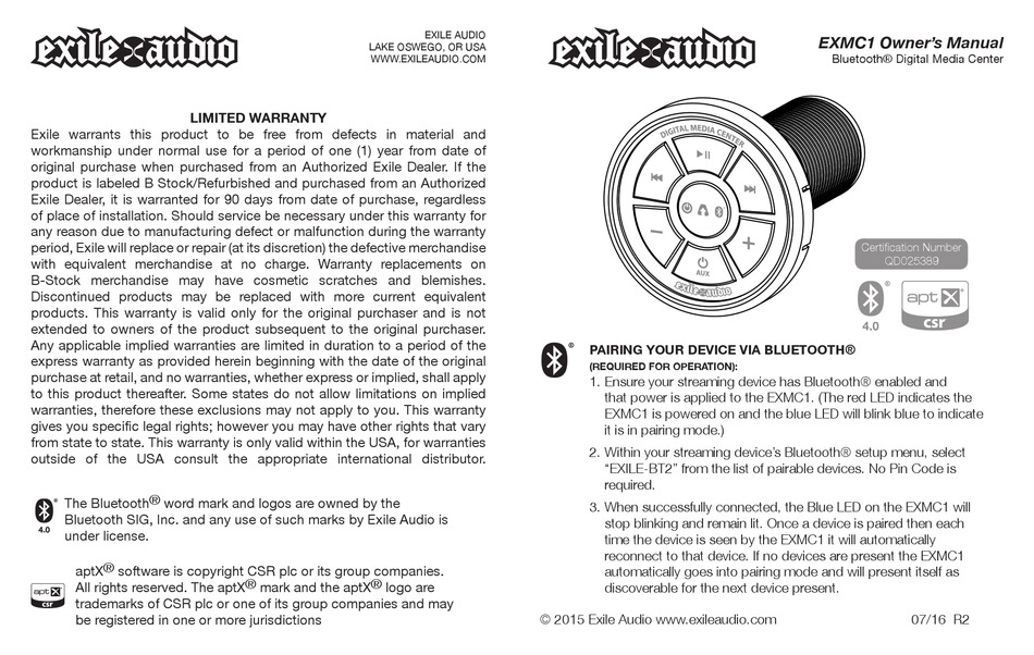 EXILE EXMC1 OWNER'S MANUAL Pdf Download | ManualsLib