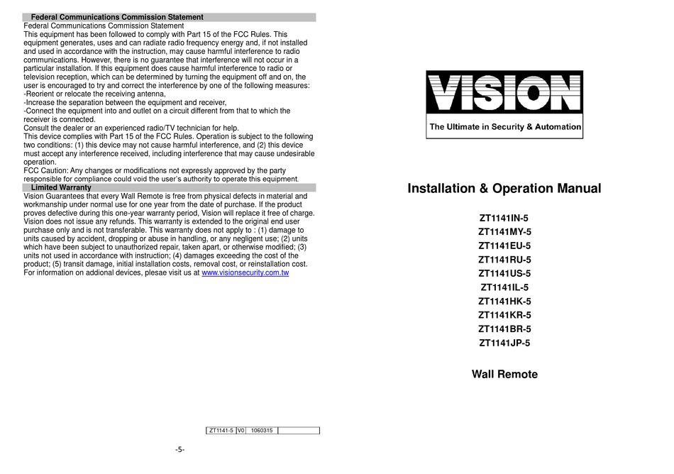 VISION ZT1141IN-5 INSTALLATION & OPERATION MANUAL Pdf Download | ManualsLib