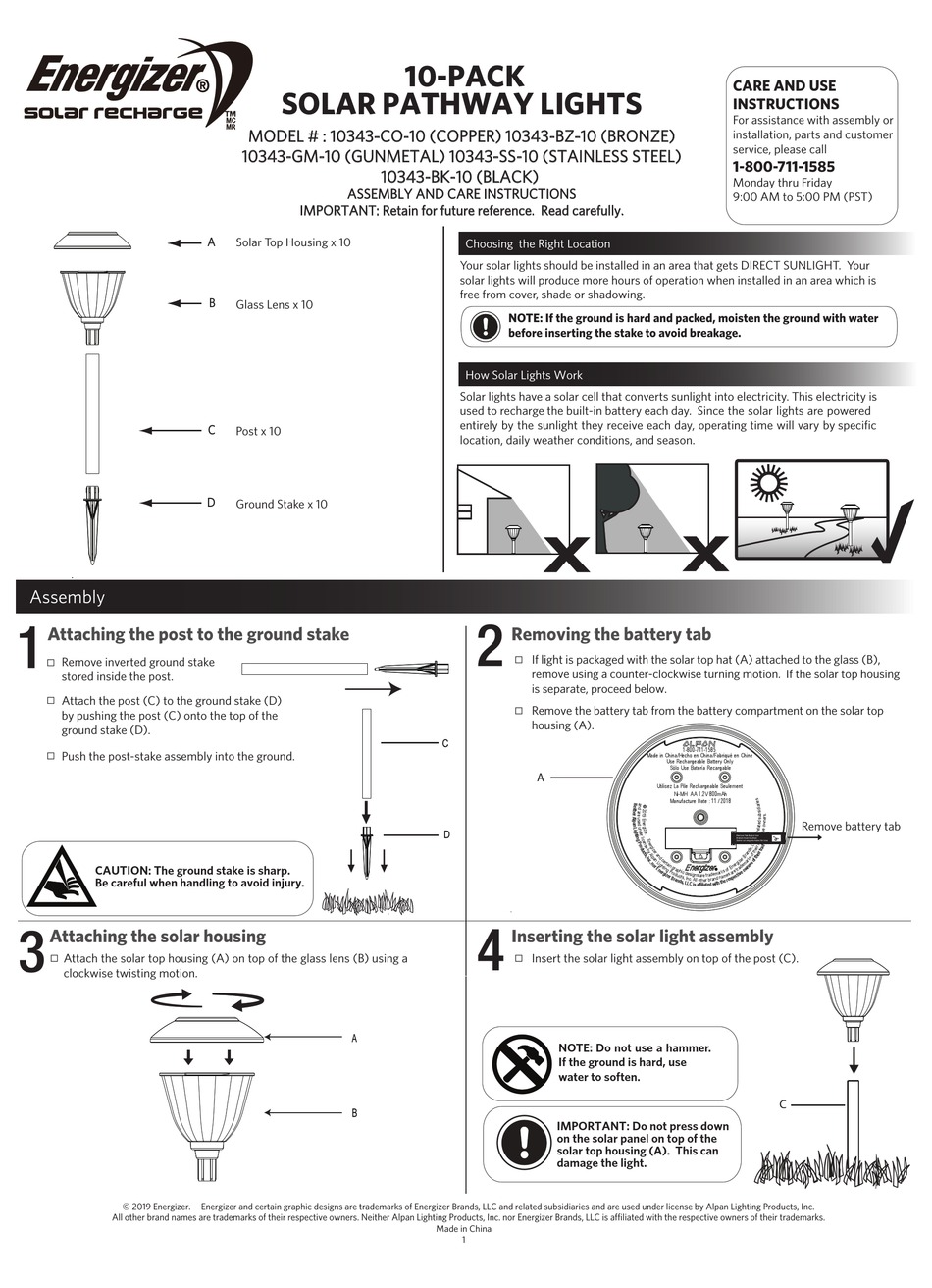 ENERGIZER 10343 CO 10 ASSEMBLY AND CARE INSTRUCTIONS Pdf Download 