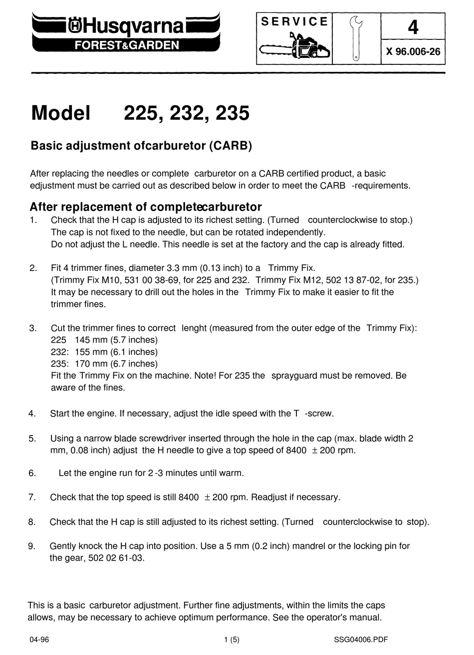 HUSQVARNA 225 SERVICE Pdf Download | ManualsLib