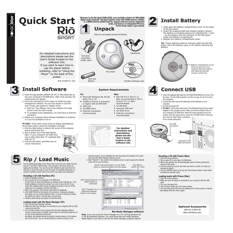 SONIC BLUE RIO S30S QUICK START MANUAL Pdf Download | ManualsLib