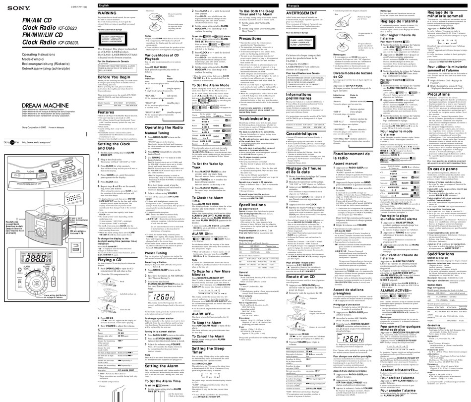 SONY DREAM MACHINE ICF-CD823L OPERATING INSTRUCTIONS Pdf Download ...