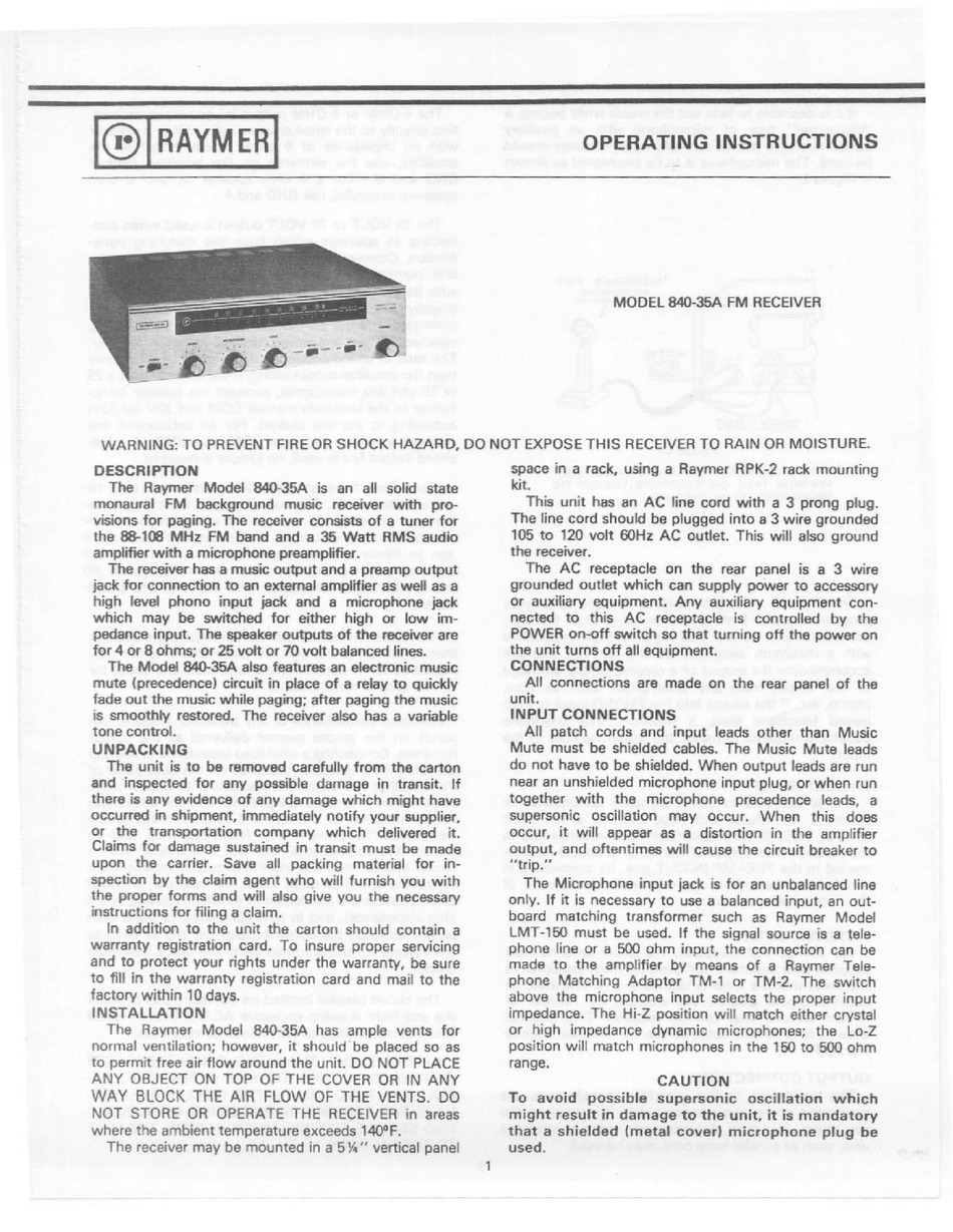 RAYMER FM RECEIVER 840-35A OPERATING INSTRUCTIONS Pdf Download | ManualsLib
