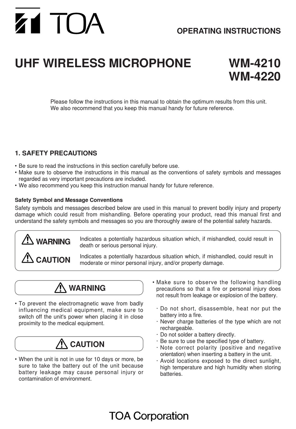 TOA WM-4210 OPERATING INSTRUCTIONS Pdf Download | ManualsLib