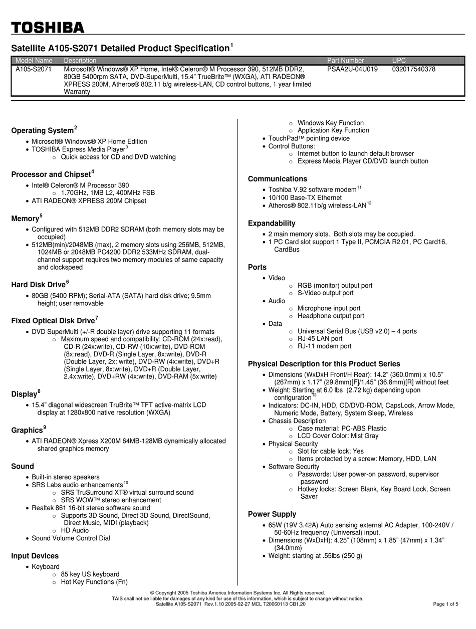 TOSHIBA SATELLITE A105-S2071 SPECIFICATION SHEET Pdf Download | ManualsLib