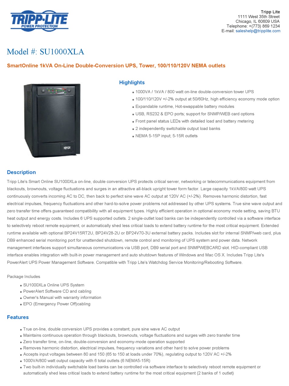 TRIPP LITE SMARTONLINE SU1000XLA SPECIFICATIONS Pdf Download | ManualsLib