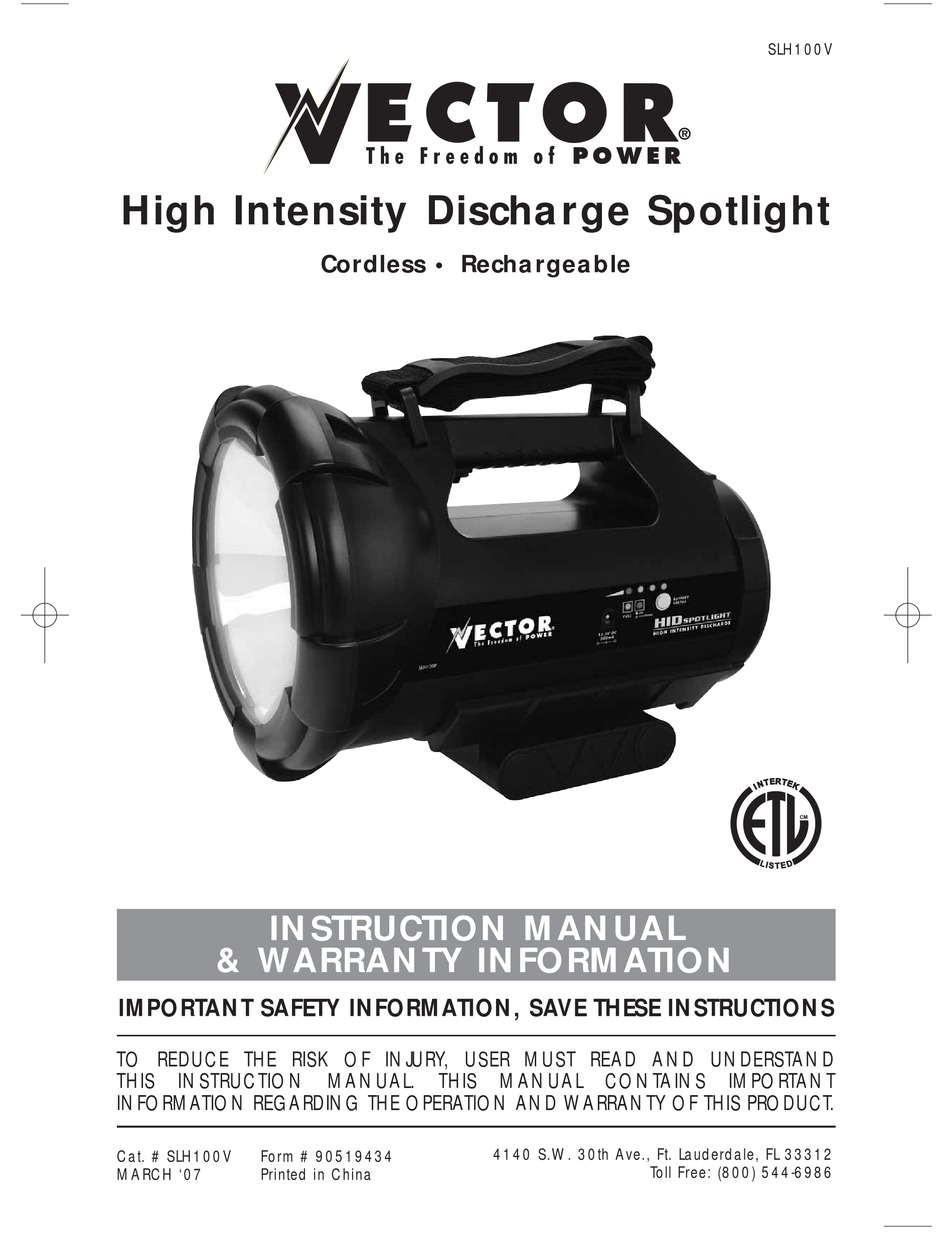 VECTOR 90519434 INSTRUCTION MANUAL & WARRANTY INFORMATION Pdf Download ...