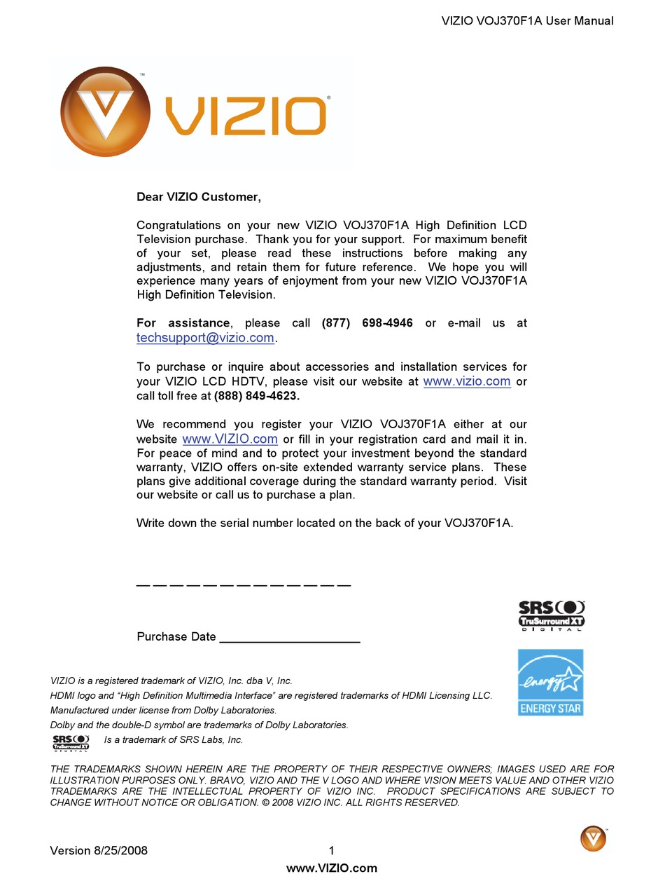 VIZIO VOJ370F1A USER MANUAL Pdf Download | ManualsLib