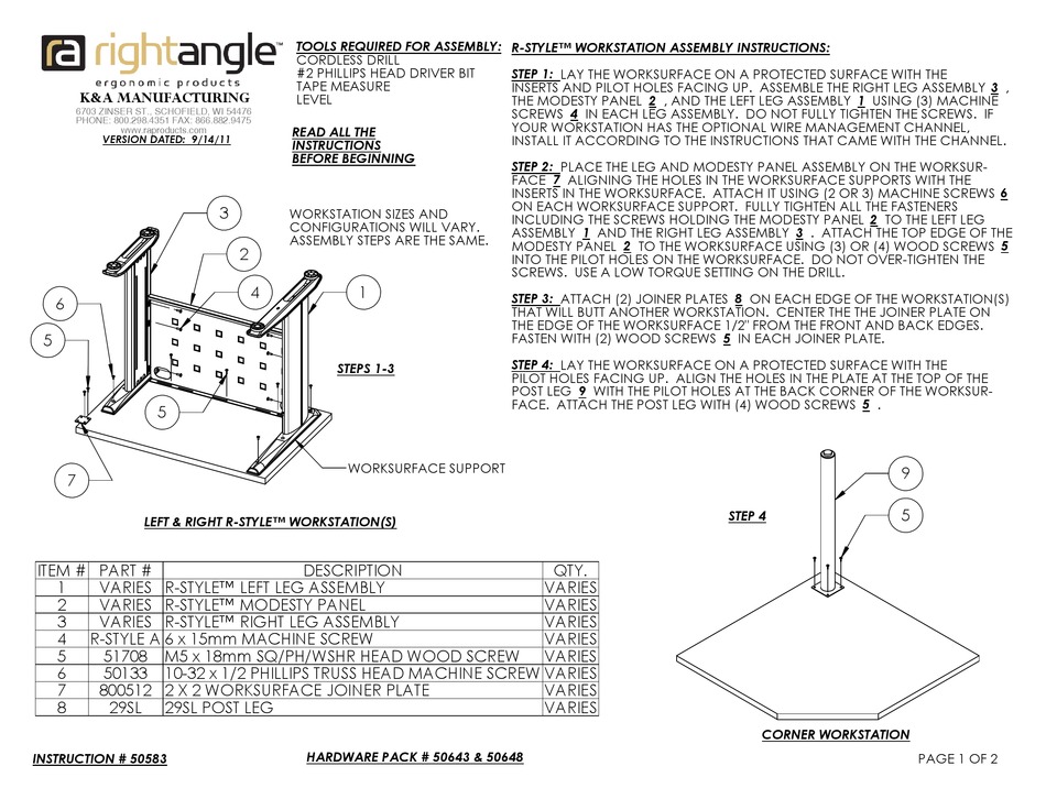 RIGHTANGLE R-STYLE WORKSTATION 50643 INSTRUCTIONS Pdf Download | ManualsLib