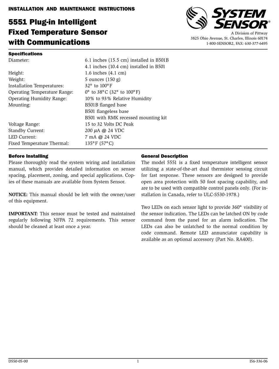 SYSTEM SENSOR 5551 INSTALLATION AND MAINTENANCE INSTRUCTIONS Pdf ...