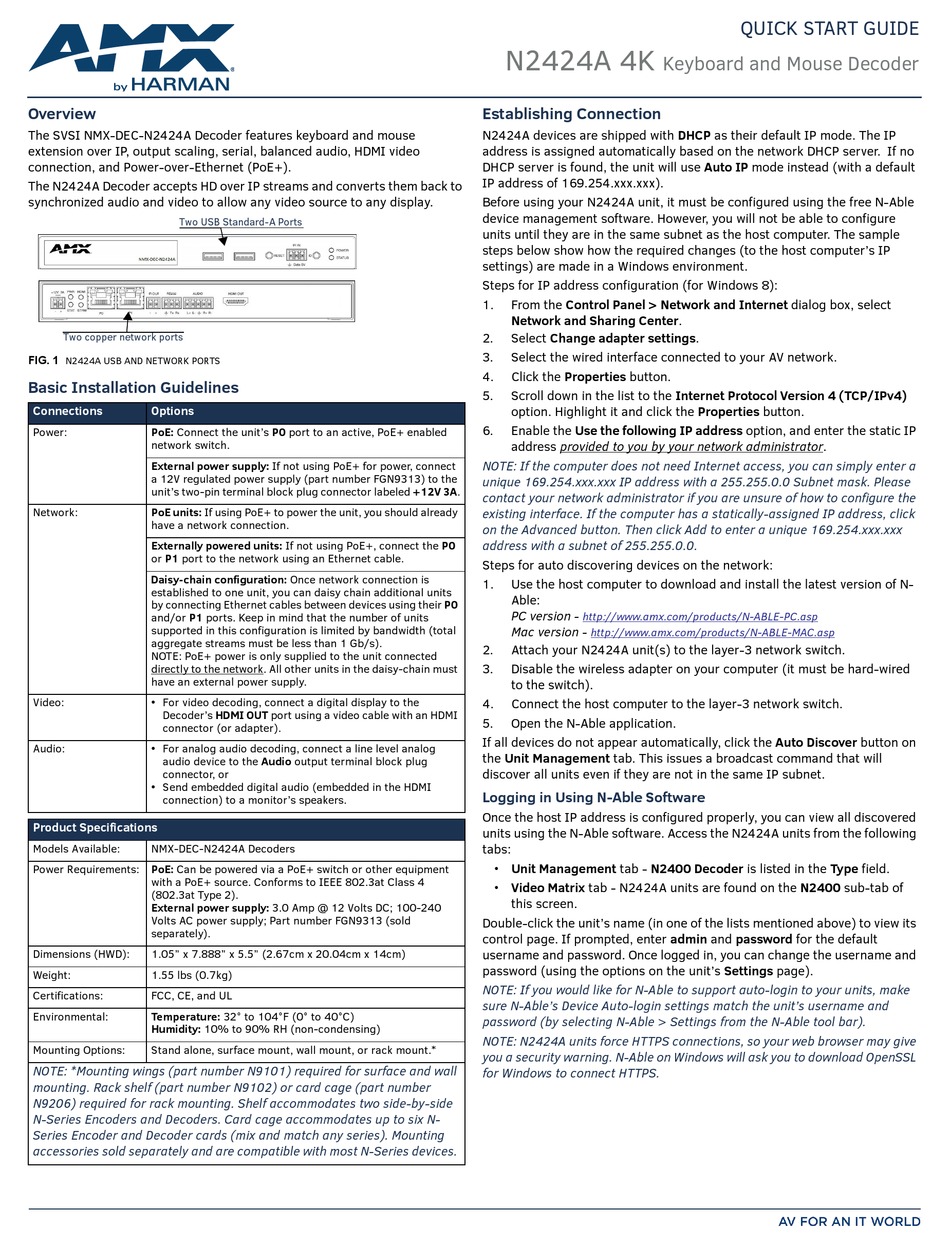 HARMAN AMX N2424A SERIES QUICK START MANUAL Pdf Download | ManualsLib