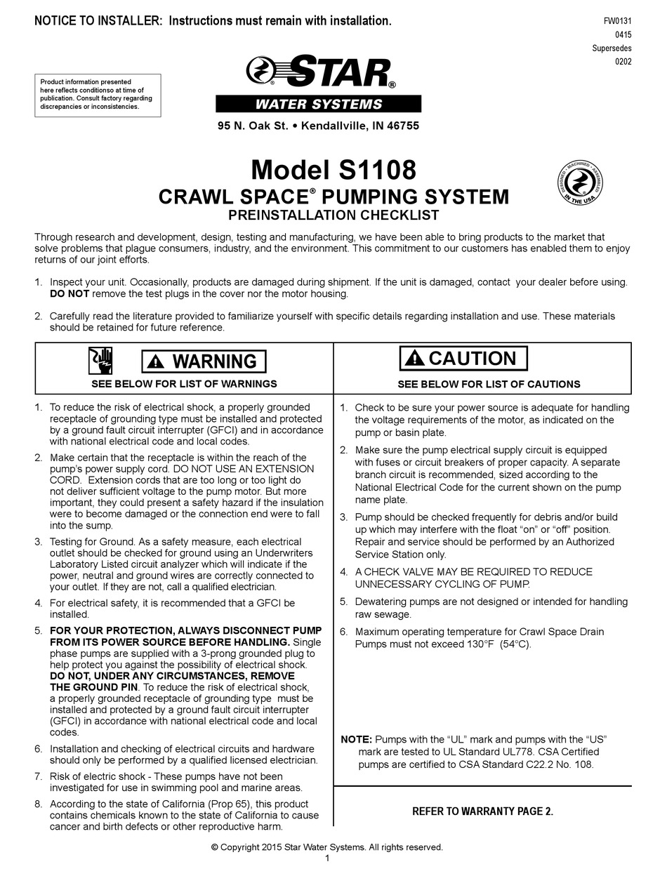STAR S1108 INSTRUCTIONS MANUAL Pdf Download | ManualsLib