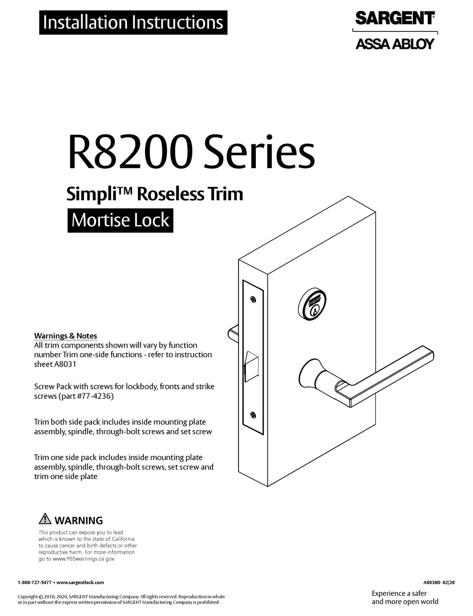 SARGENT ASSA ABLOY SIMPLI R8200 SERIES INSTALLATION INSTRUCTIONS MANUAL ...