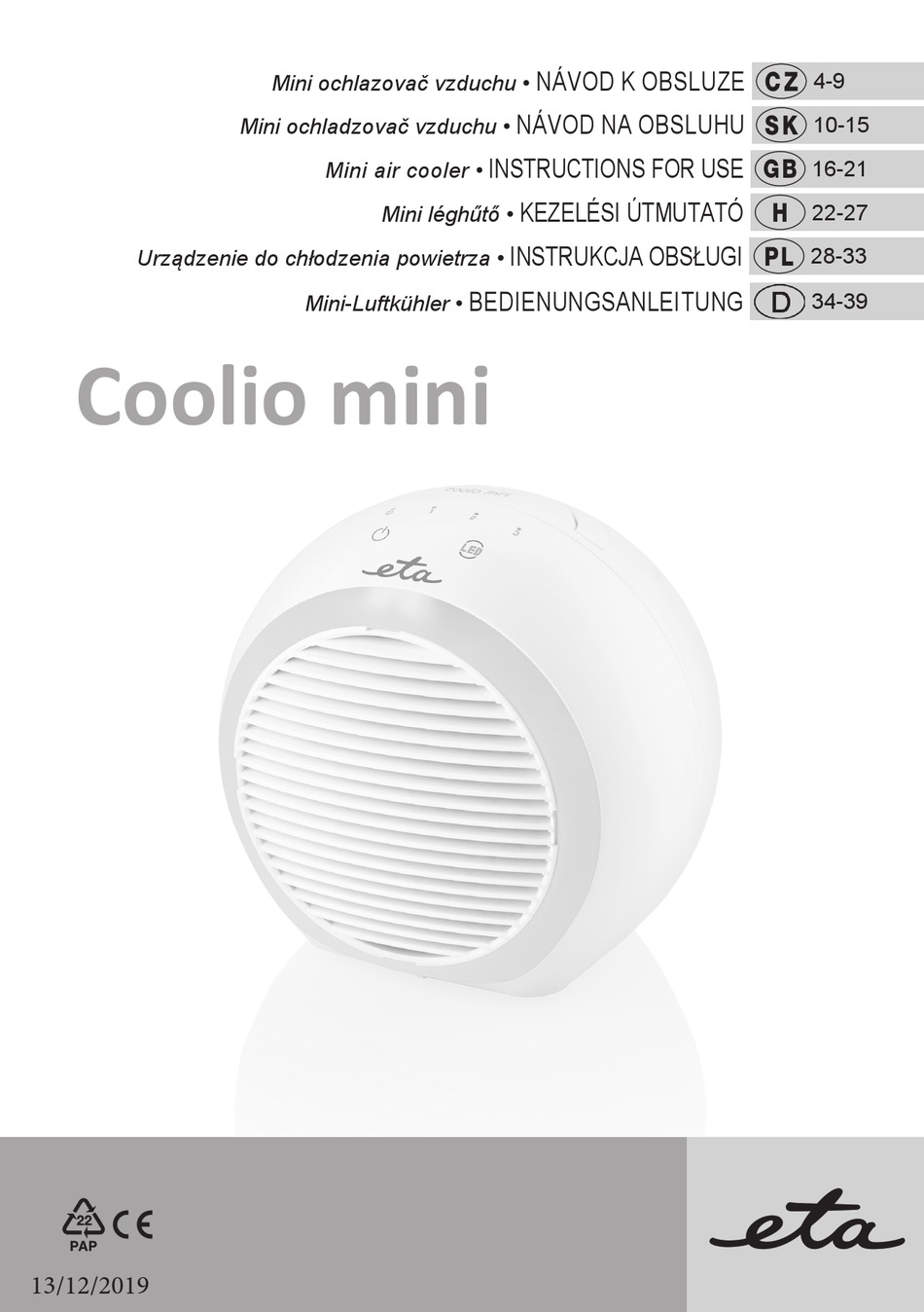 ETA COOLIO MINI INSTRUCTIONS FOR USE MANUAL Pdf Download | ManualsLib