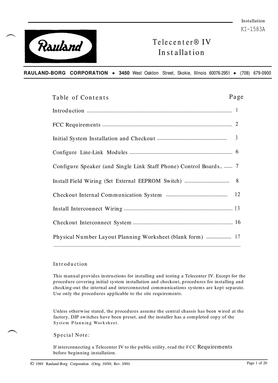 RAULAND-BORG TELECENTER IV INSTALLATION MANUAL Pdf Download | ManualsLib