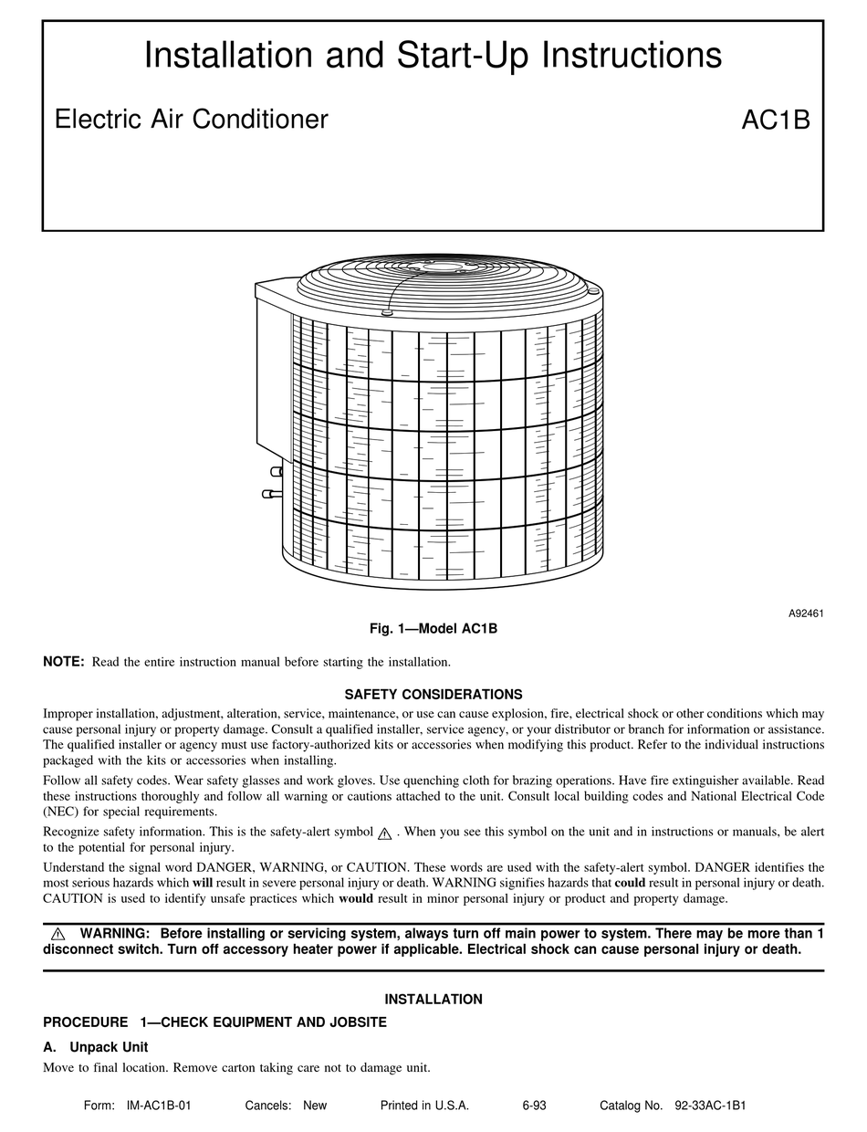 CARRIER AC1B INSTALLATION AND START UP INSTRUCTIONS MANUAL Pdf Download 