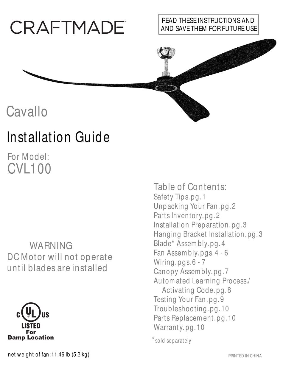CRAFTMADE CAVALLO CVL100 INSTALLATION MANUAL Pdf Download | ManualsLib
