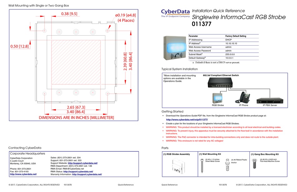 CYBERDATA 011377 INSTALLATION QUICK REFERENCE Pdf Download | ManualsLib