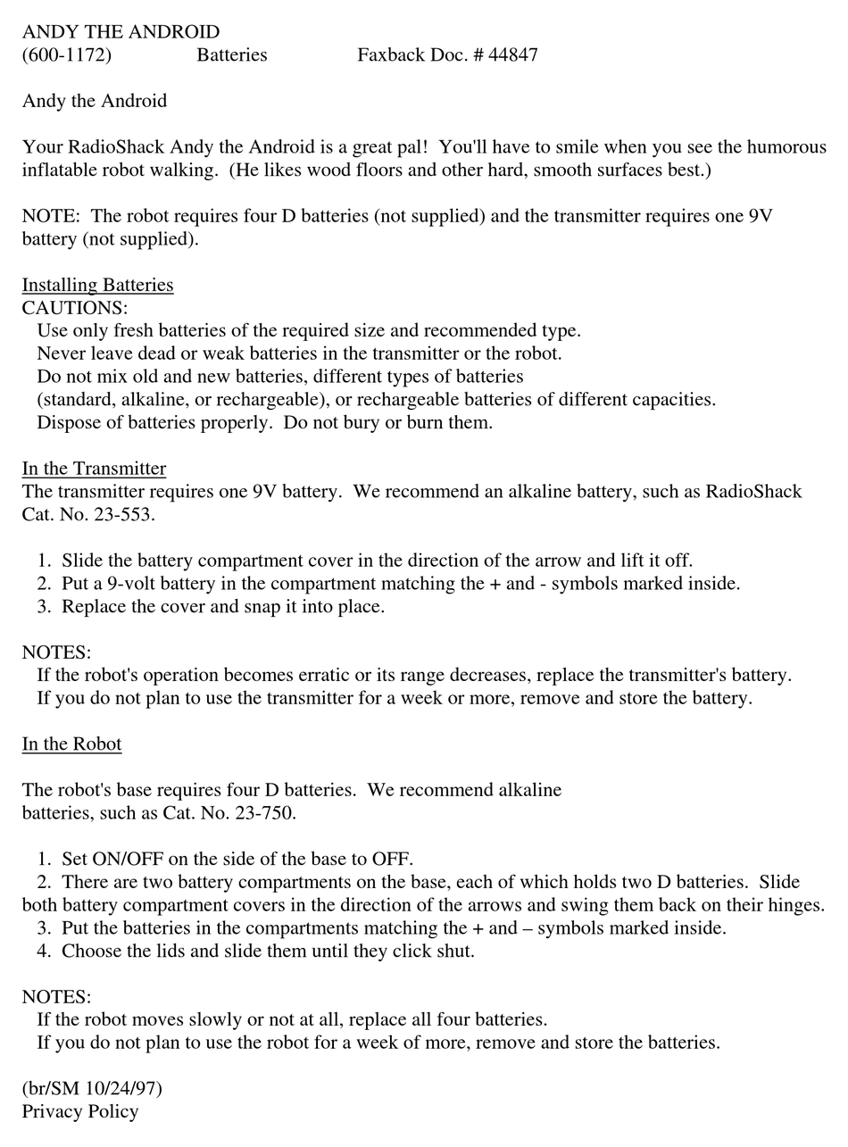 RADIO SHACK ANDY THE ANDROID QUICK START MANUAL Pdf Download | ManualsLib