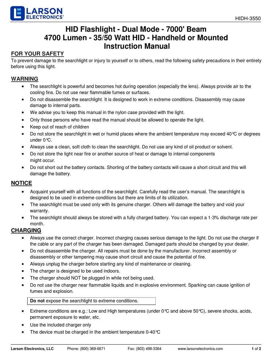 LARSON ELECTRONICS HIDH-3550 INSTRUCTION MANUAL Pdf Download | ManualsLib