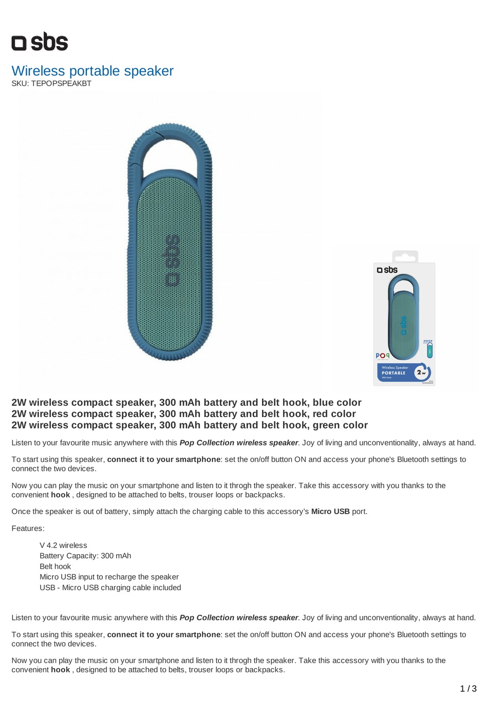 SBS POP TEPOPSPEAKBT QUICK START MANUAL Pdf Download | ManualsLib