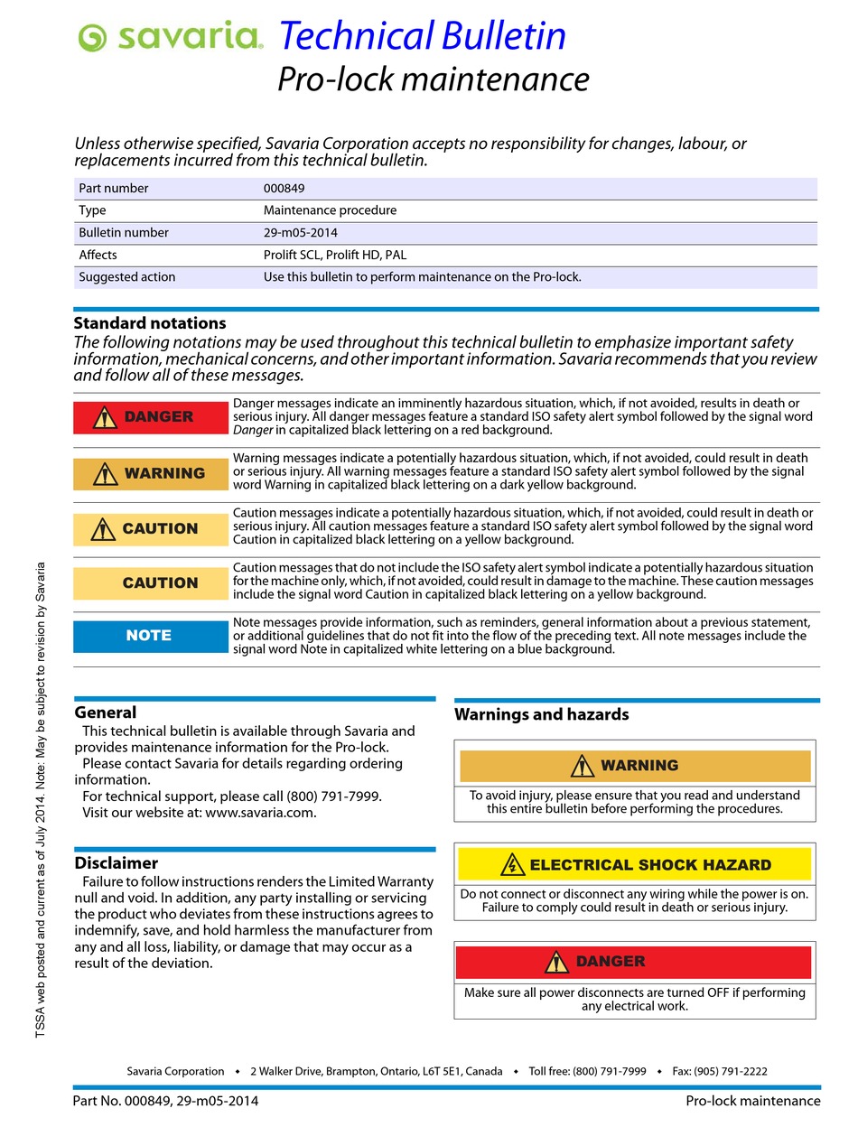 SAVARIA PRO-LOCK 000849 TECHNICAL BULLETIN Pdf Download | ManualsLib