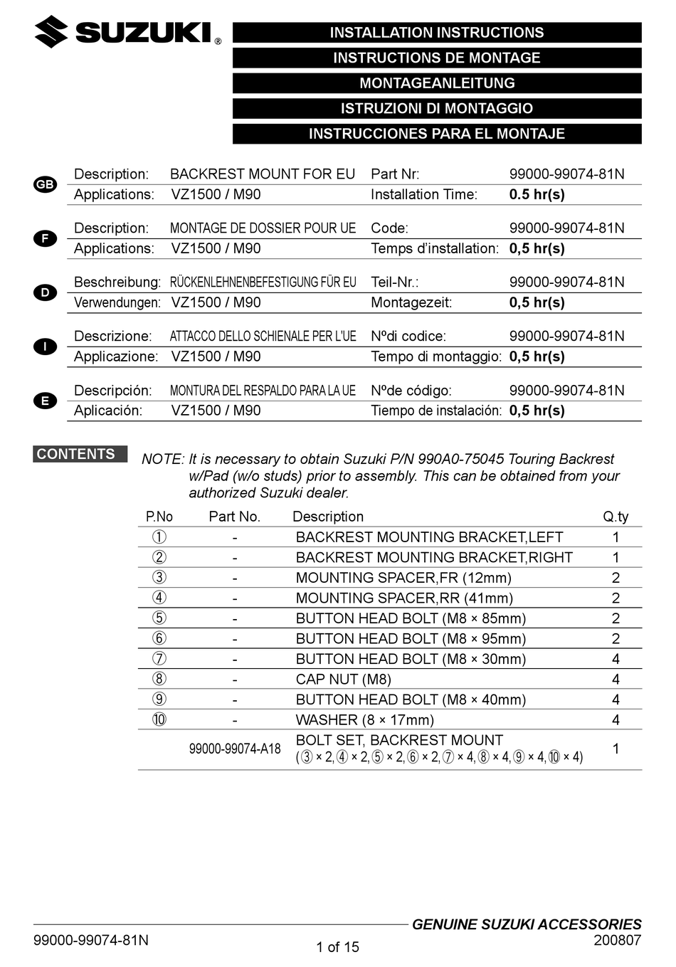 SUZUKI 99000 99074 81N INSTALLATION INSTRUCTIONS MANUAL Pdf Download