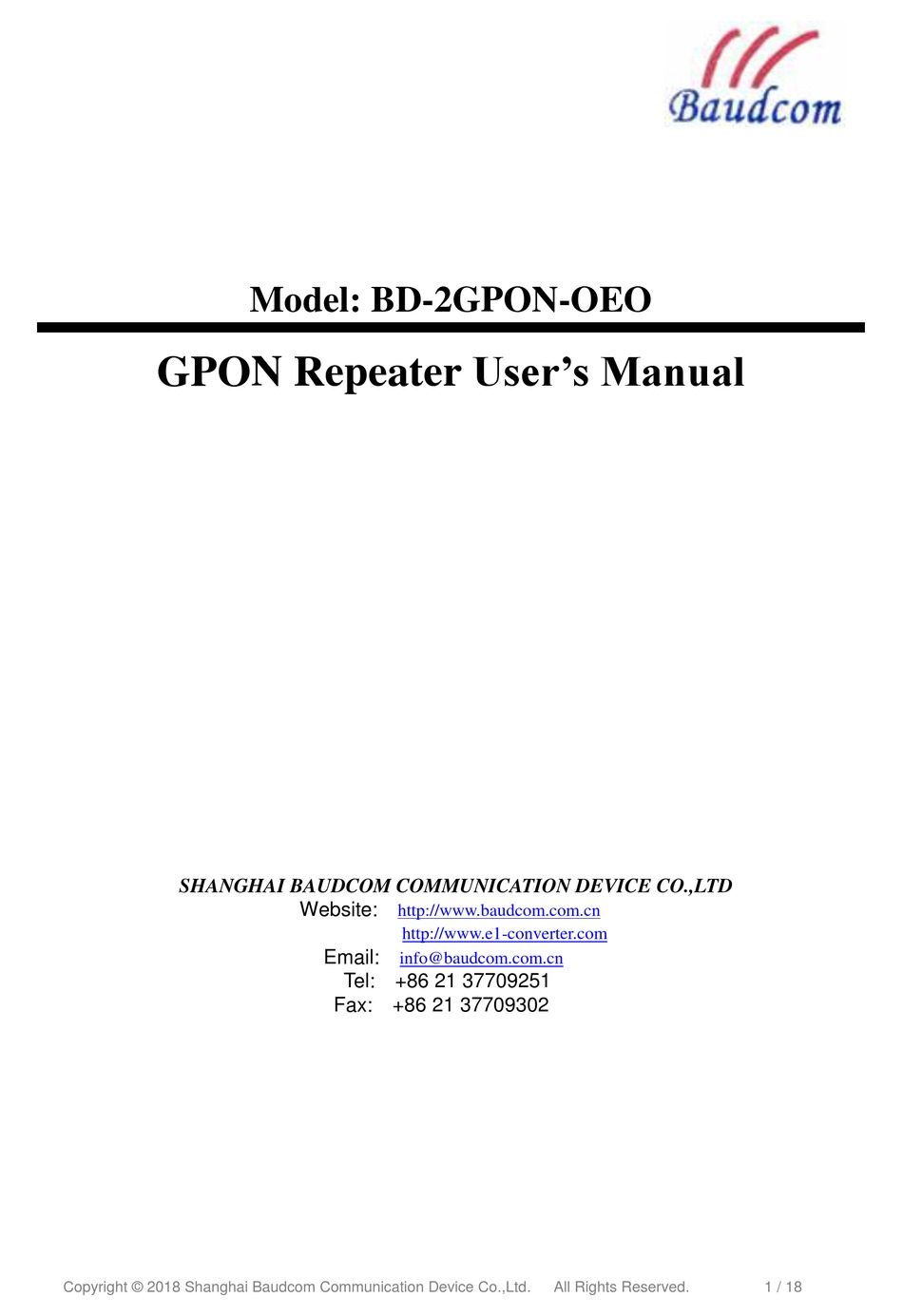 BAUDCOM BD-2GPON-OEO USER MANUAL Pdf Download | ManualsLib