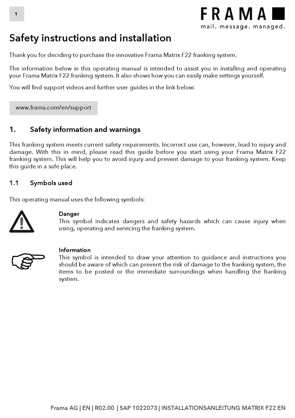 FRAMA MATRIX F22 SAFETY INSTRUCTIONS AND INSTALLATION Pdf Download ...