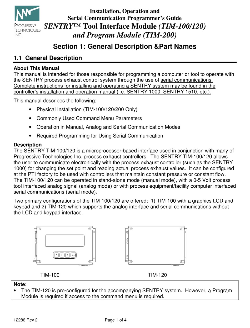 PTI SENTRY TIM-100 INSTALLATION & OPERATION MANUAL Pdf Download ...