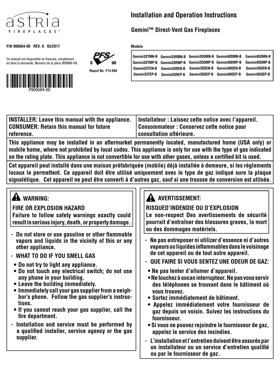 ASTRIA FIREPLACES GEMINI33TMN-B INSTALLATION AND OPERATION INSTRUCTIONS MANUAL Pdf Download ...