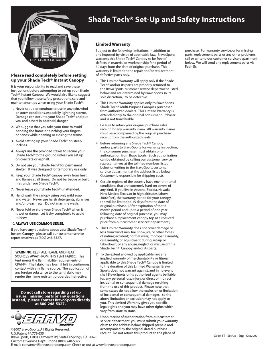 QUIK SHADE SHADE TECH SET-UP AND SAFETY INSTRUCTIONS Pdf Download ...