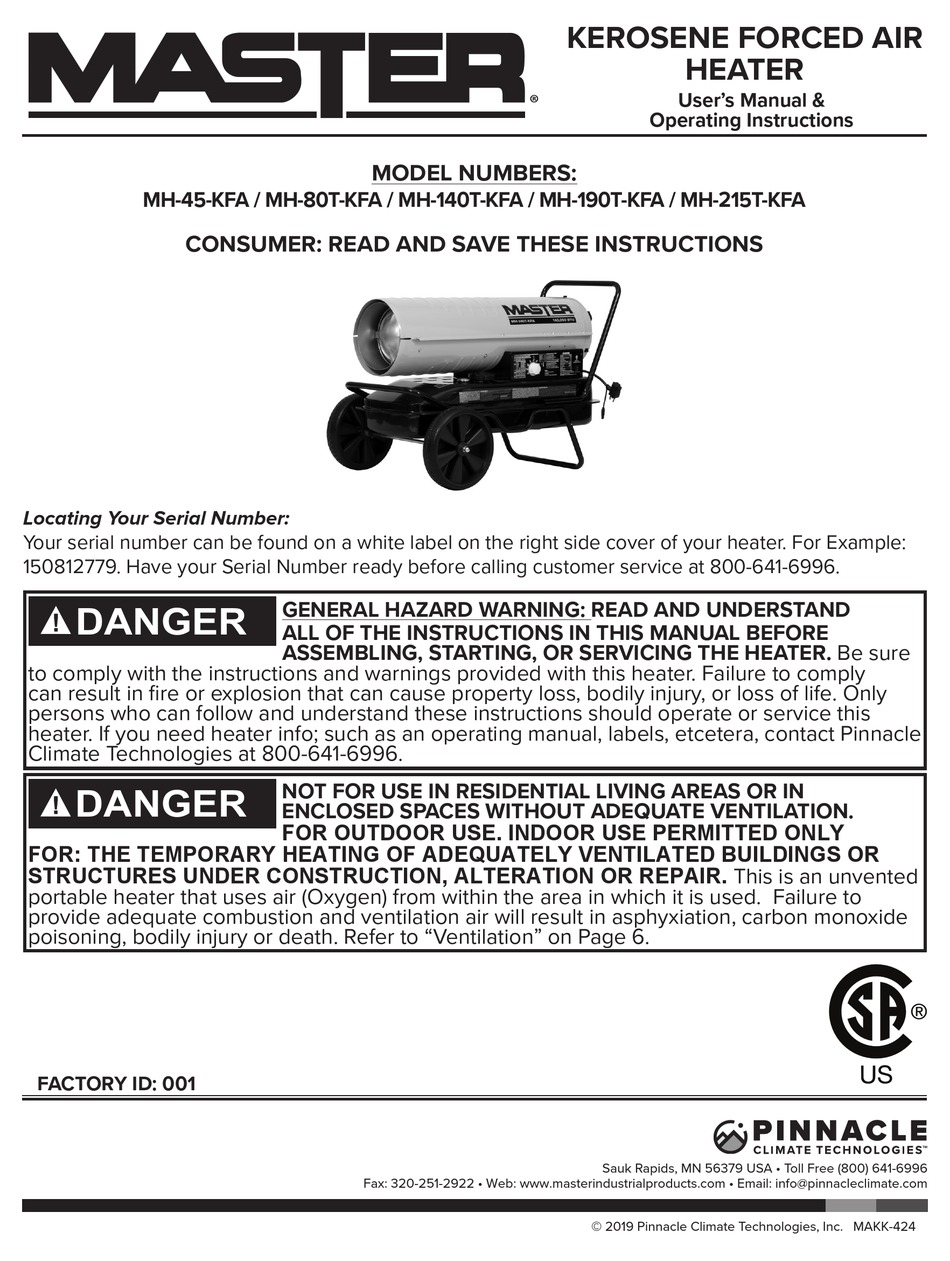 PINNACLE MASTER MH 45 KFA USER S MANUAL OPERATING INSTRUCTIONS Pdf
