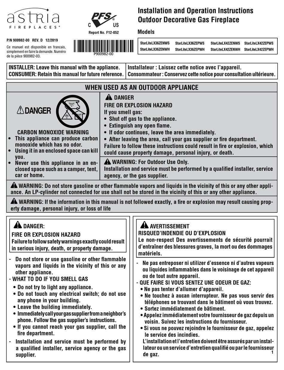 ASTRIA FIREPLACES STARLITELX36ZENWS ASSEMBLY, INSTALLATION AND OPERATION INSTRUCTIONS Pdf ...