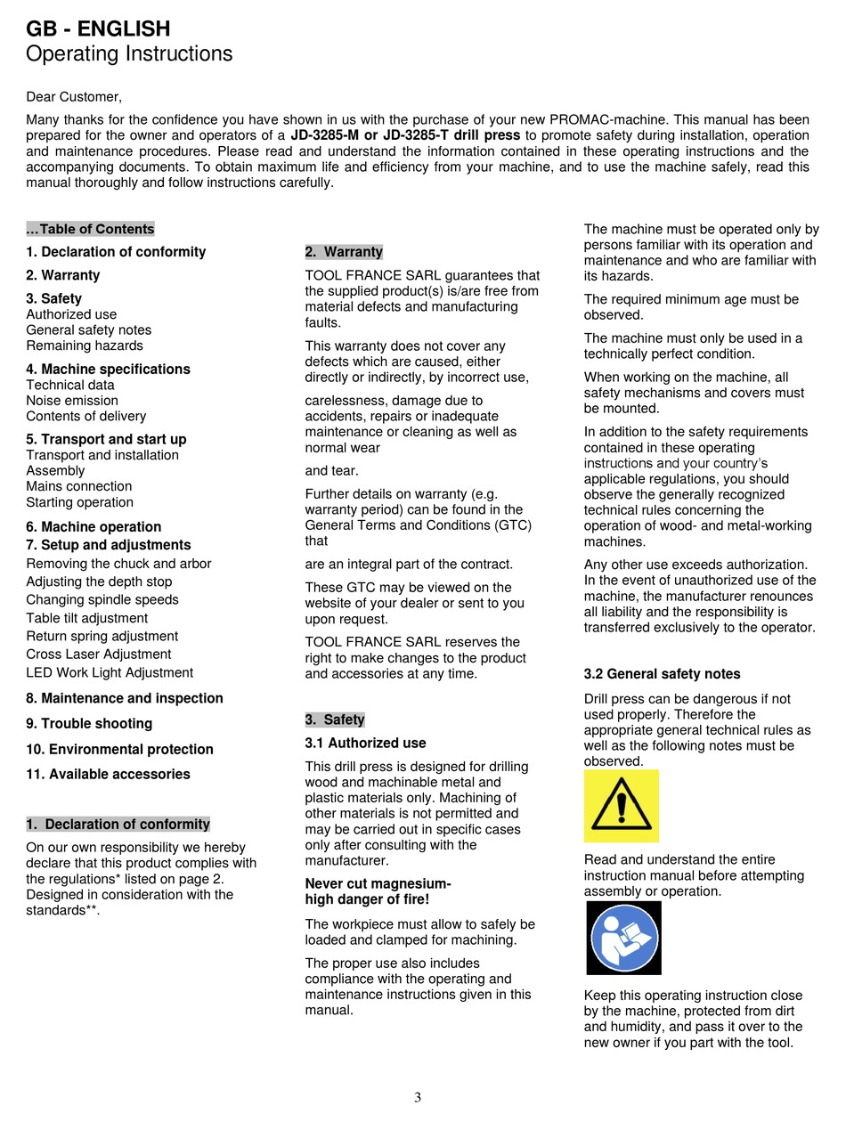 PROMAC JD-3285-M OPERATING INSTRUCTIONS MANUAL Pdf Download | ManualsLib
