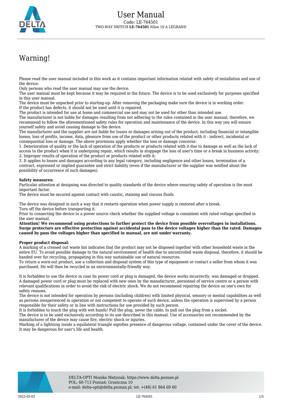 DELTA LE-764501 USER MANUAL Pdf Download | ManualsLib