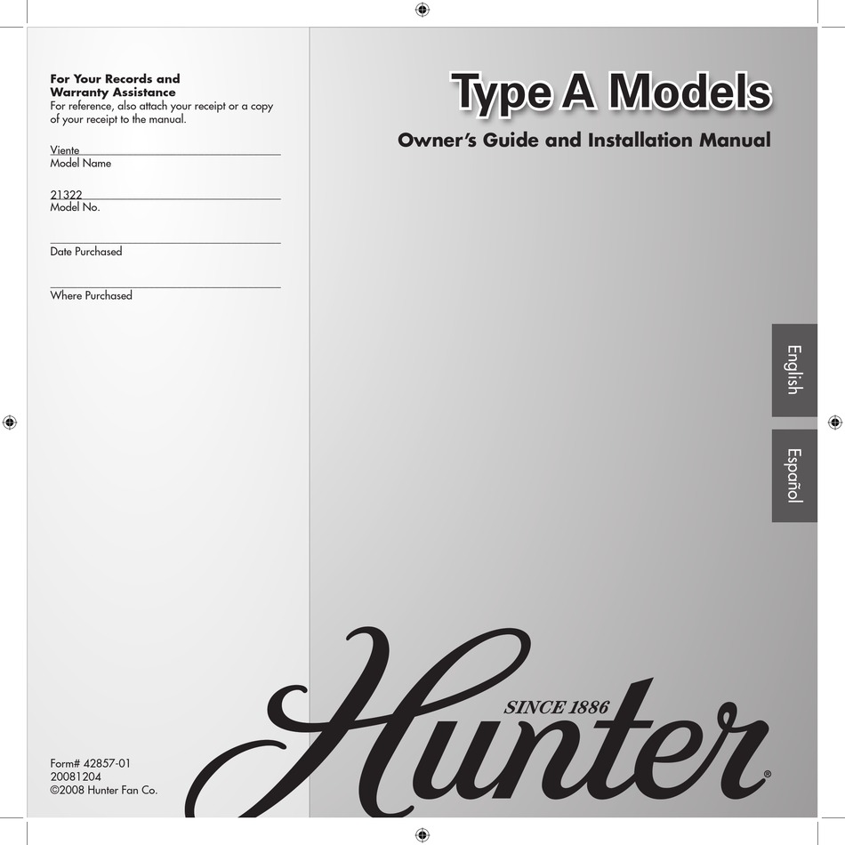 HUNTER VIENTE 21322 OWNER'S MANUAL AND INSTALLATION MANUAL Pdf Download ...