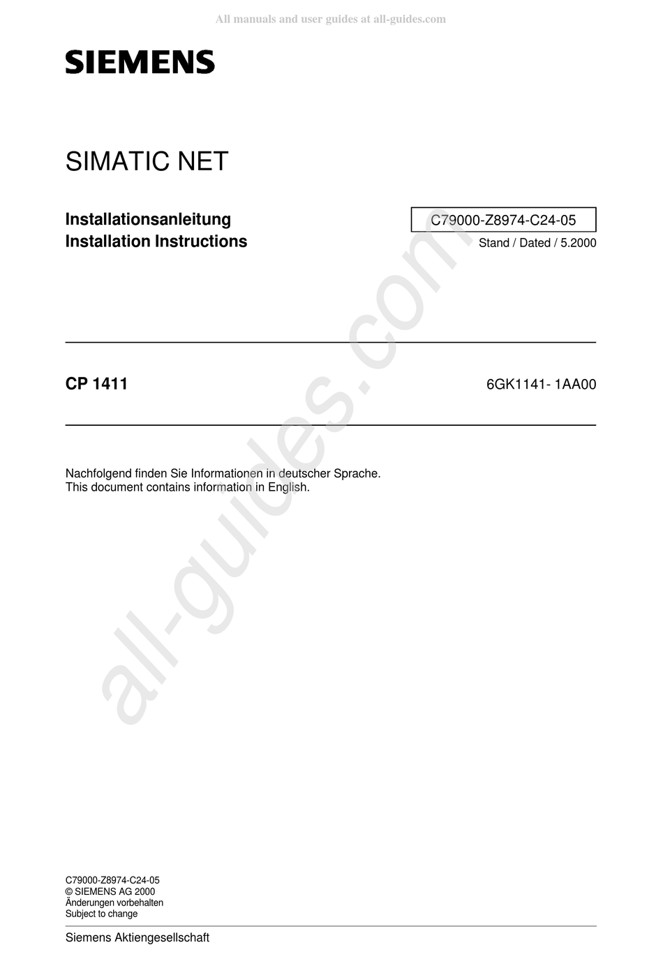 SIEMENS SIMATIC NET CP 1411 INSTALLATION INSTRUCTIONS MANUAL Pdf ... SIEMENS SIMATIC NET CP 1411 INSTALLATION INSTRUCTIONS MANUAL Pdf ...
