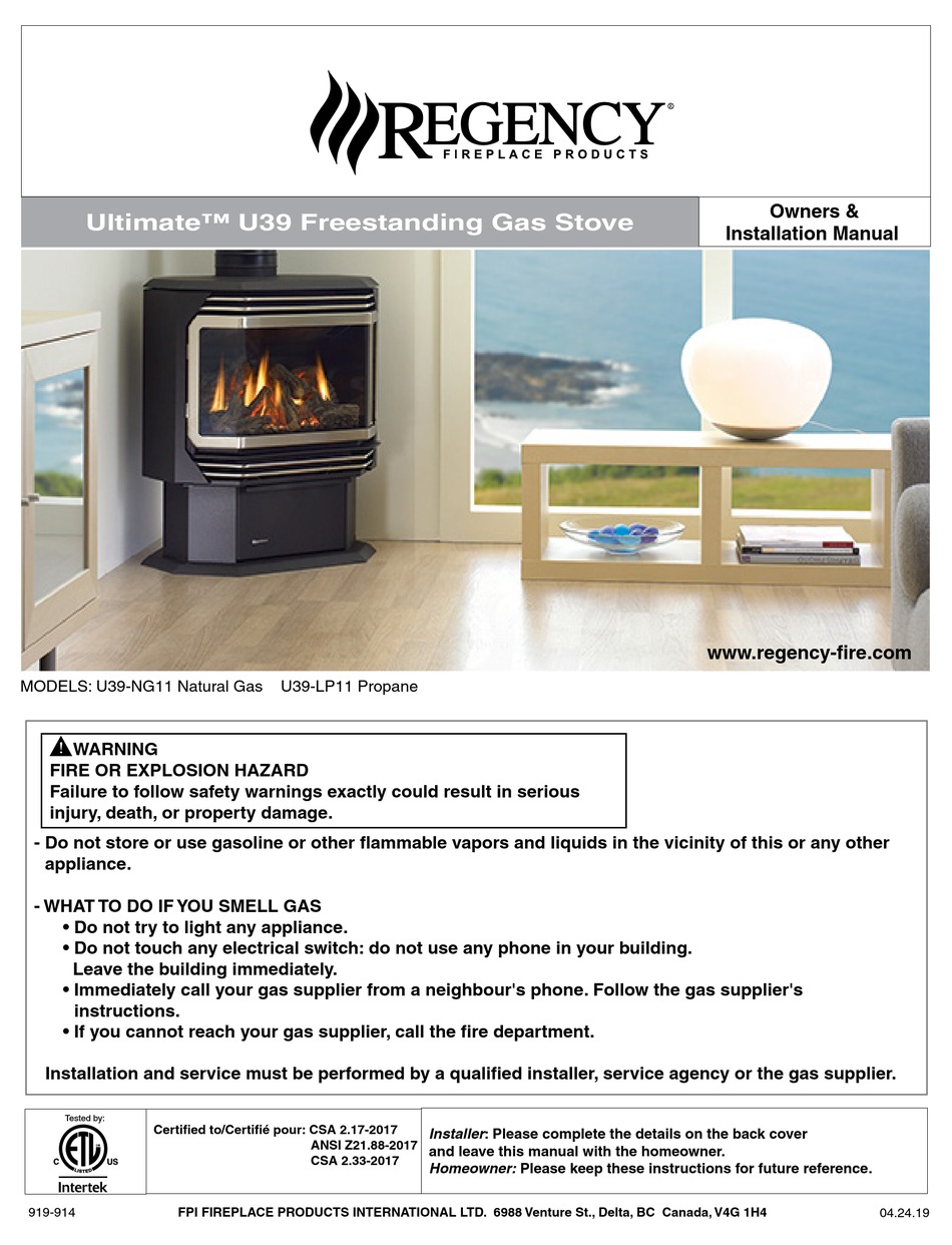 REGENCY U39-NG11 OWNERS & INSTALLATION MANUAL Pdf Download | ManualsLib