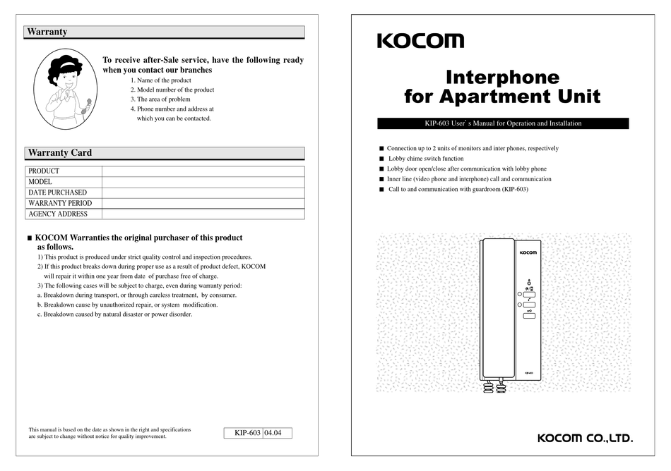KOCOM KLPD410 USER S MANUAL FOR OPERATION AND INSTALLATION Pdf Download kocom-klpd410-user-s-manual-for-operation-and-installation-pdf-download