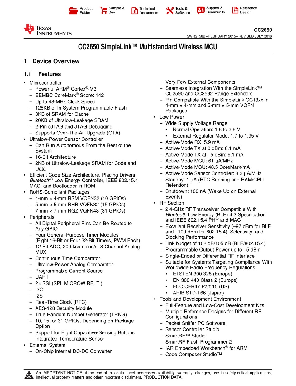 TEXAS INSTRUMENTS SIMPLELINK CC2650F128RGZ MANUAL Pdf Download | ManualsLib