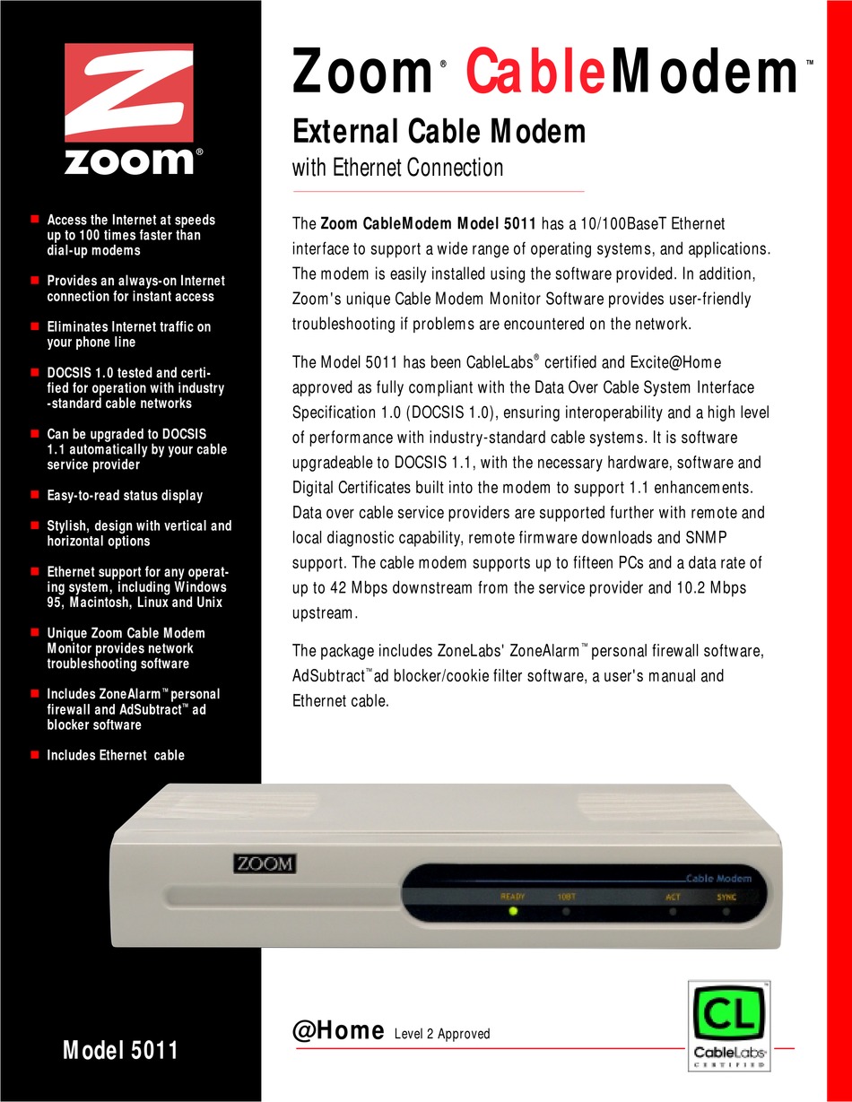 ZOOM 5011 MODEM TECHNICAL SPECIFICATIONS | ManualsLib