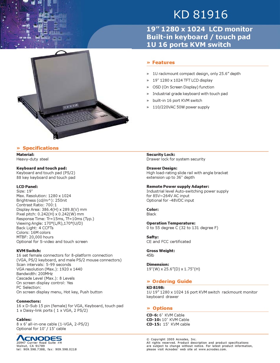 ACNODES KD 81916 LCD DRAWER SPECIFICATIONS | ManualsLib