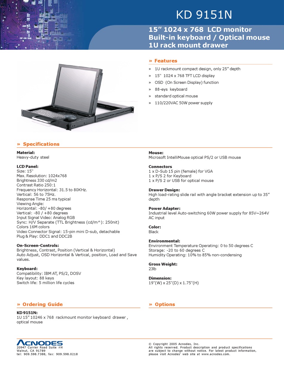 ACNODES KD 9151N LCD DRAWER SPECIFICATIONS | ManualsLib
