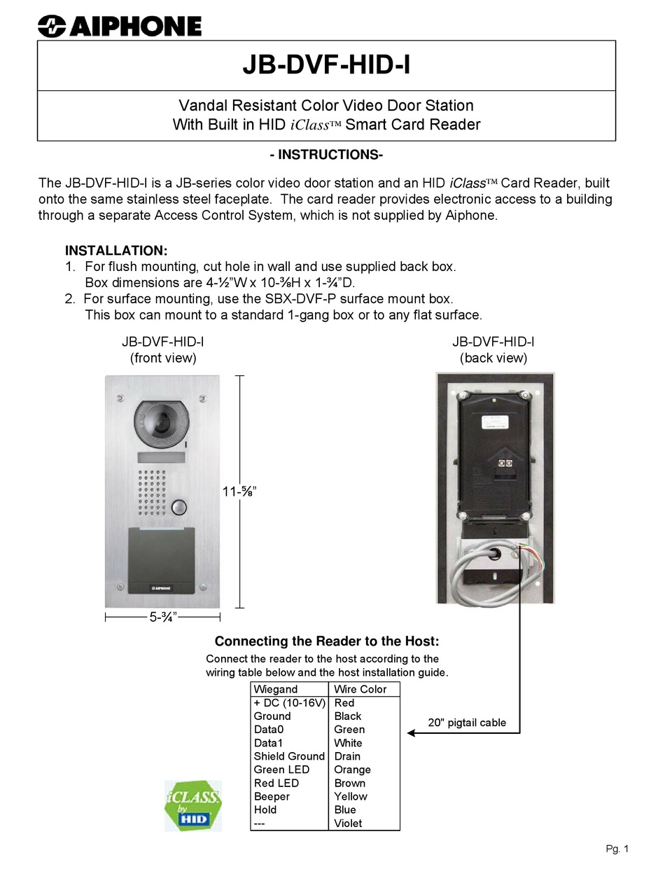 AIPHONE JB-DVF-HID-I INTERCOM SYSTEM INSTRUCTIONS | ManualsLib